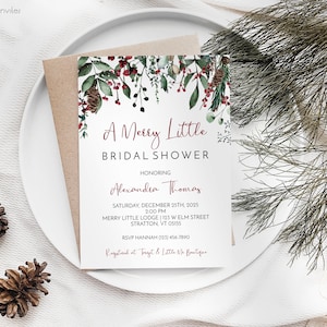 Merry Little Bridal Shower Invitation With Berries and Greenery ...