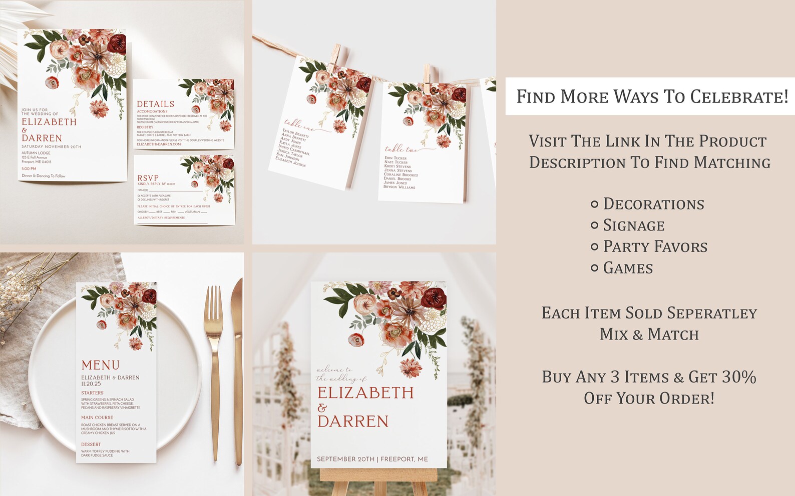 Fall Wedding Menu Template Fall Floral Wedding Dinner Menu - Etsy