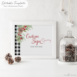 Buffalo Plaid Christmas Custom Sign Template | Winter Greenery Editable ...