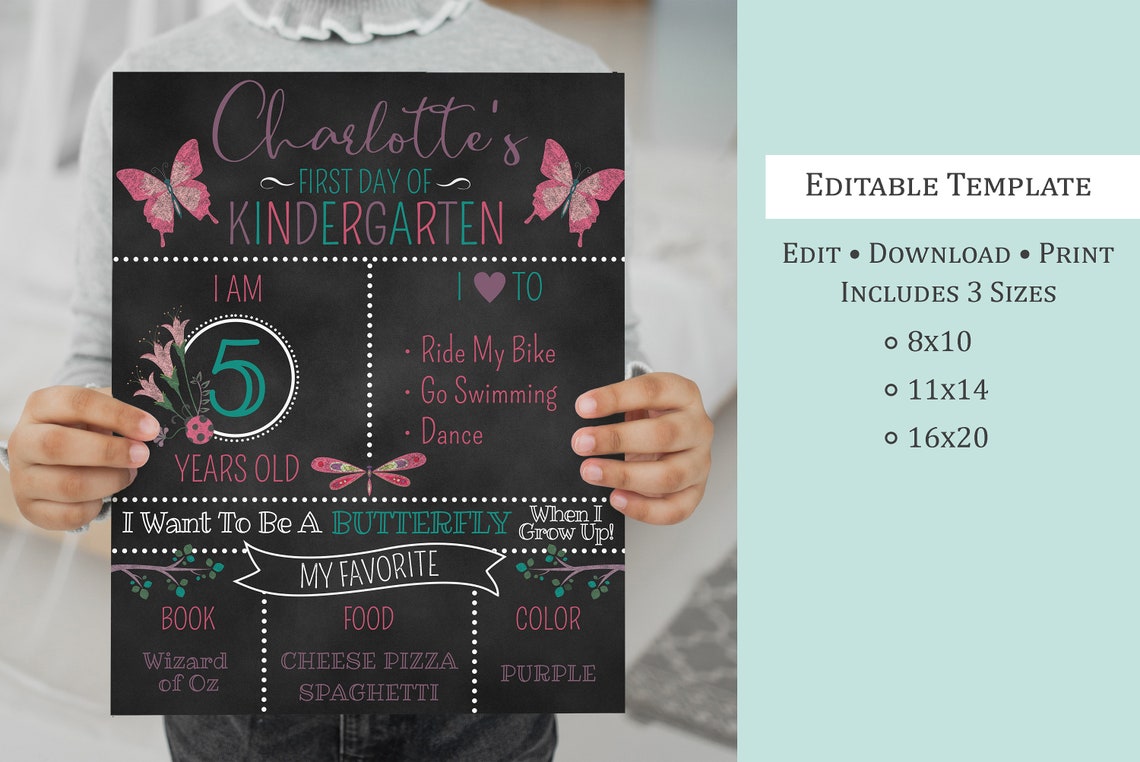 First Day of School Chalkboard Sign, Butterfly Theme (printable Sign ...