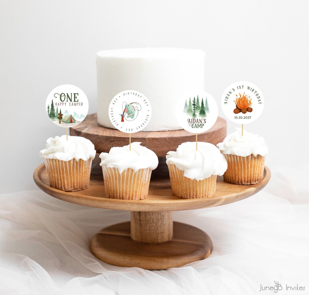Camping 1st Birthday Cupcake Toppers | Watercolor Trees (editable ...