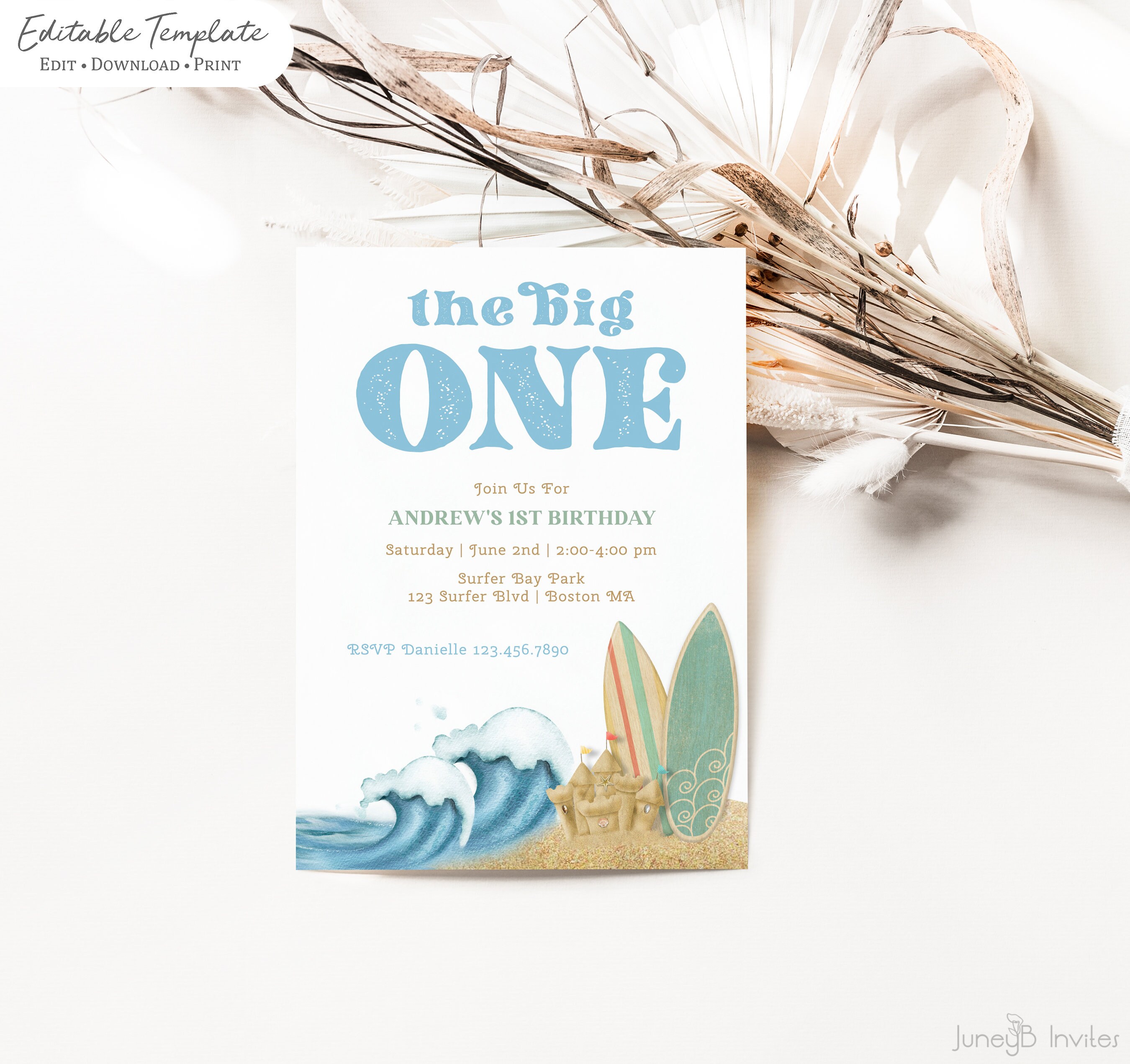 Surfing 1st Birthday Invitation: Retro Surfboard Beach Party (editable ...