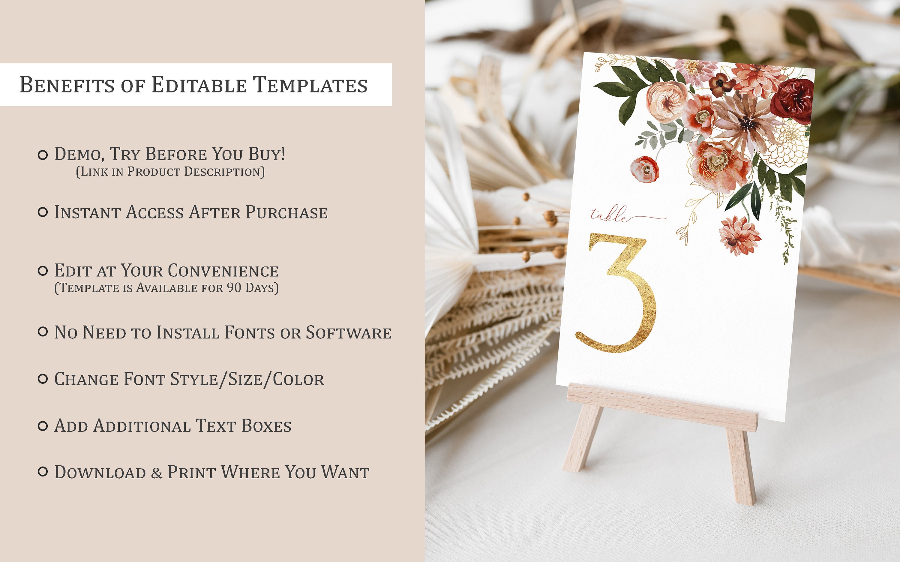 Fall Wedding Table Numbers Floral Table Numbers Gold Foil - Etsy