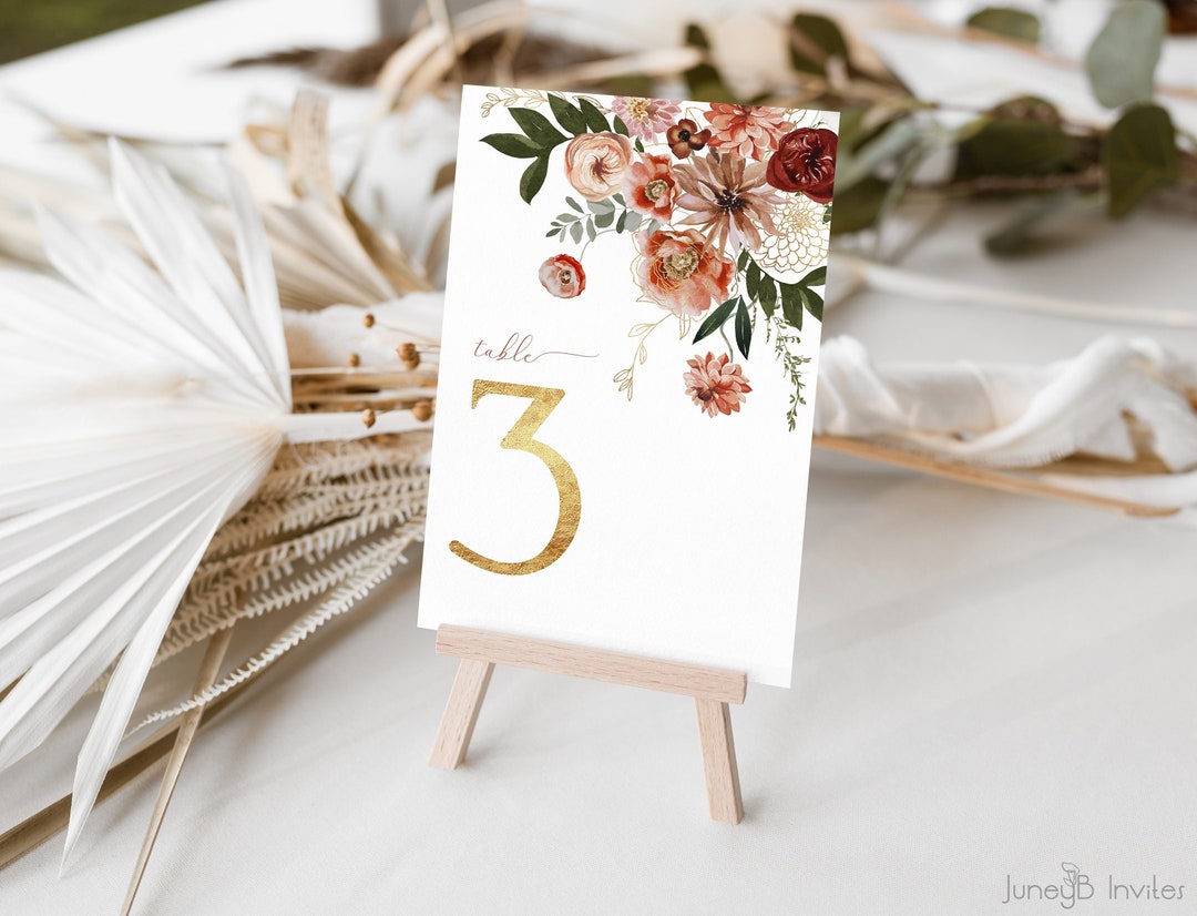 Fall Wedding Table Numbers Floral Table Numbers Gold Foil - Etsy