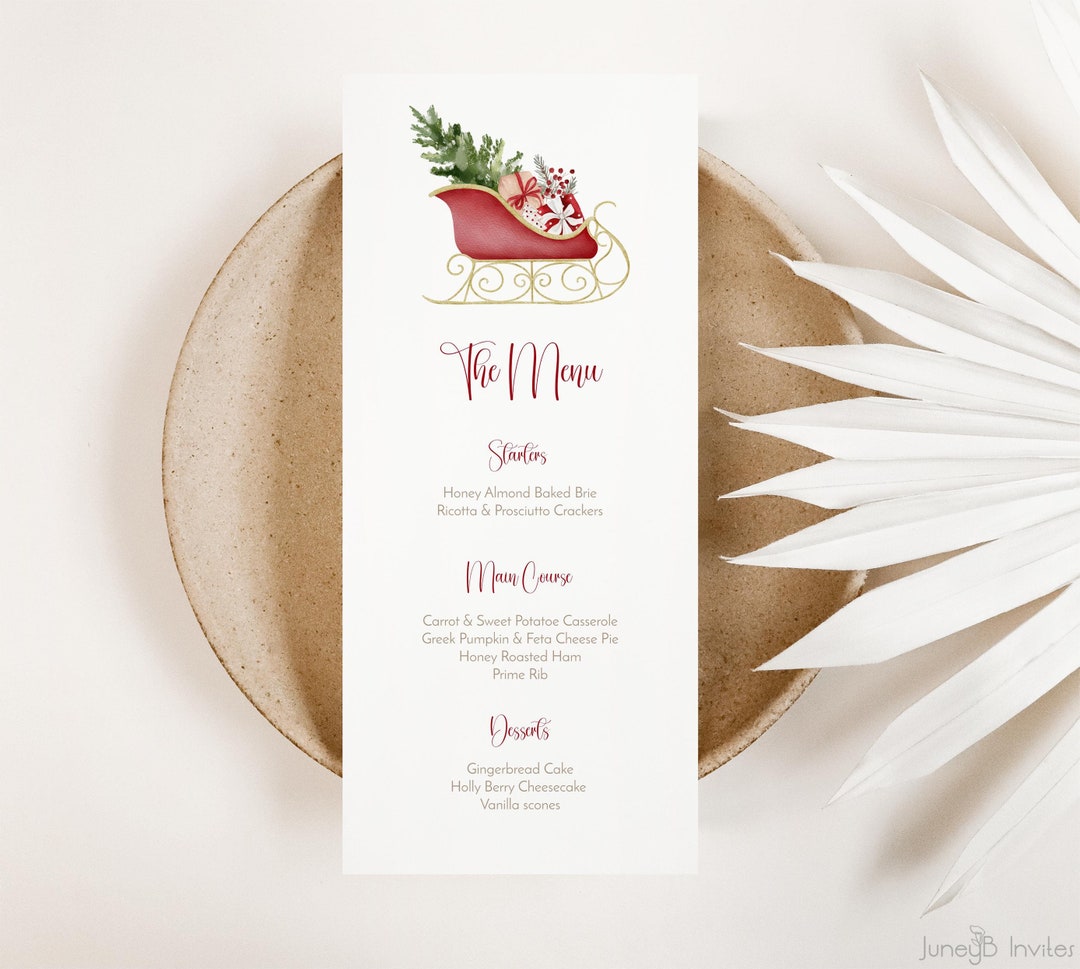 Printable Christmas Dinner Menu Card | Christmas Sleigh Menu Template ...