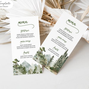 Adventure Begins Watercolor Forest Menu Template | Watercolor Trees ...