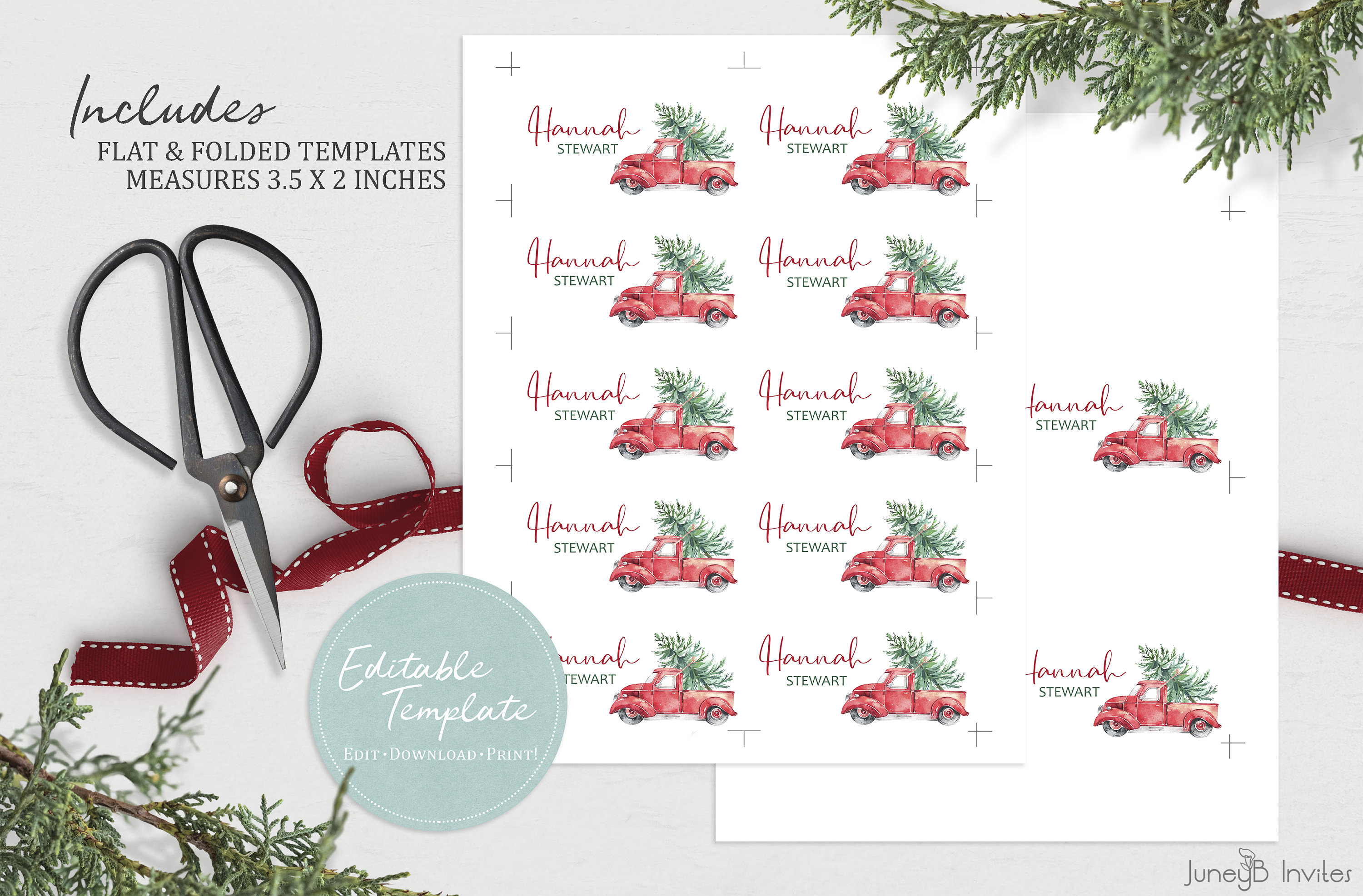 Watercolor Little Red Truck Christmas Place Card Template - Etsy