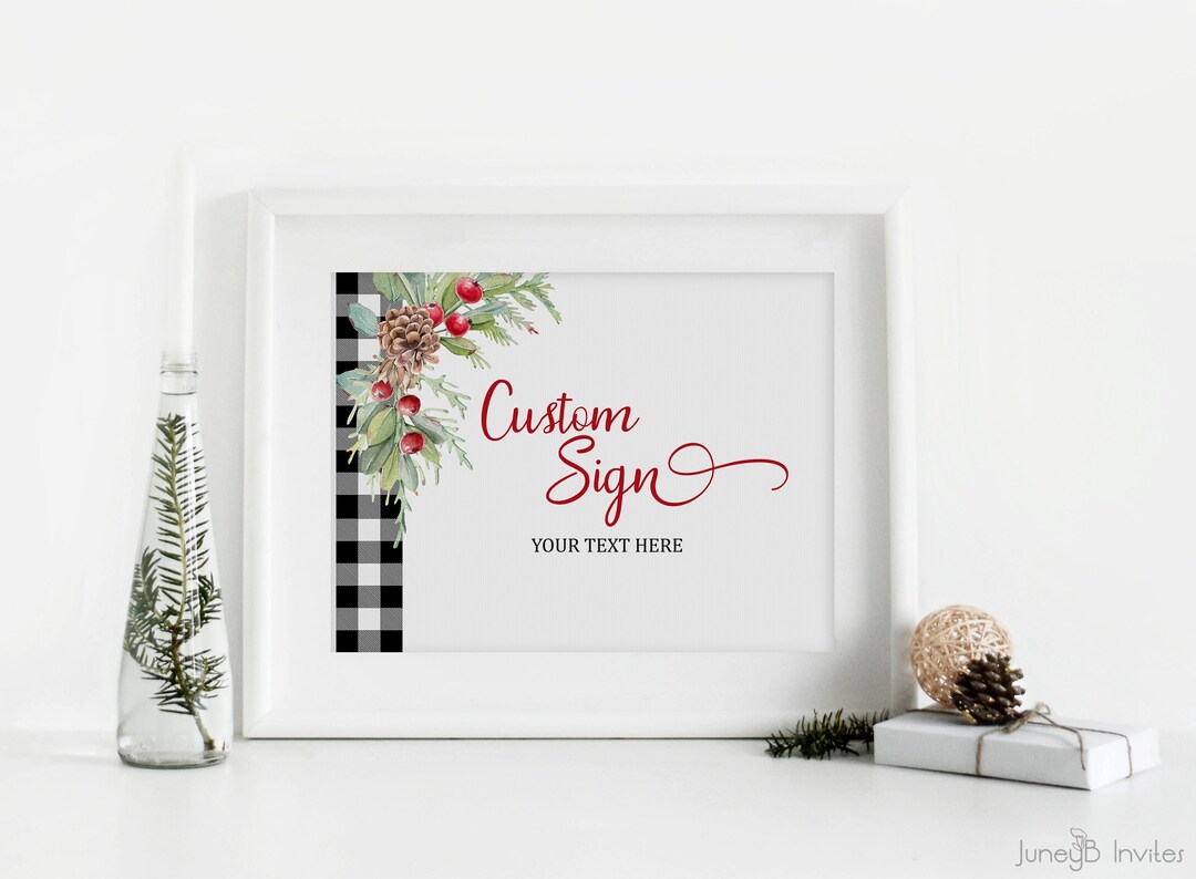 Buffalo Plaid Christmas Custom Sign Template | Winter Greenery Editable ...