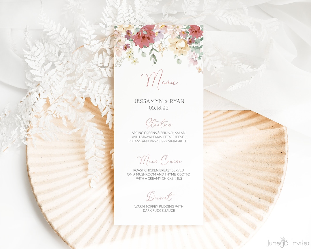 Wildflower Wedding Menu Template | Floral Wedding Menu | Printable ...