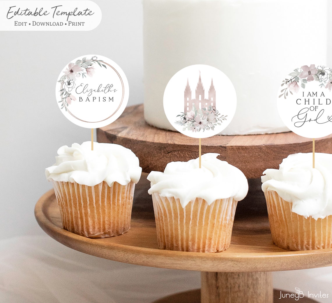 Floral LDS Baptism Cupcake Toppers | Editable Template (digital ...
