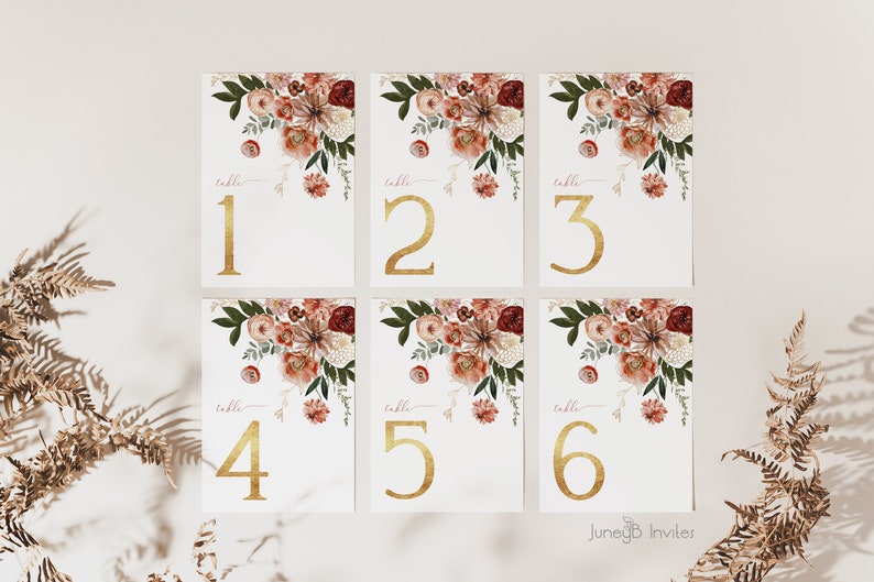 Fall Wedding Table Numbers Floral Table Numbers Gold Foil - Etsy