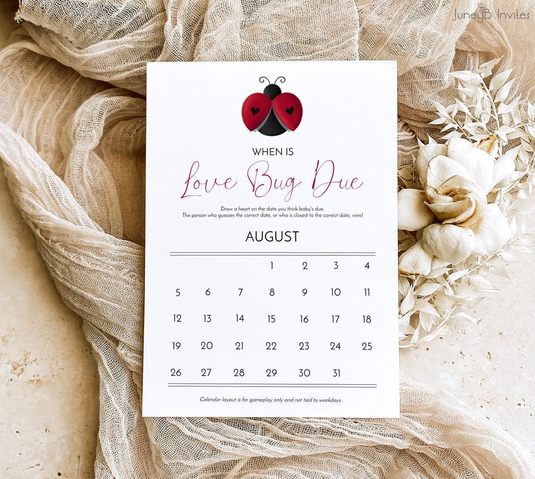 Love Bug Due Date Calendar: Ladybug Baby Shower Game Card (printable ...