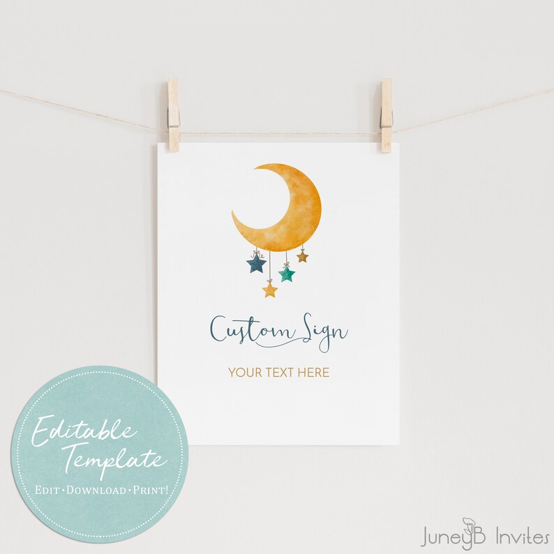 Over the Moon Custom Sign Template Watercolor Moon and Stars | Etsy