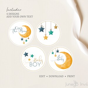 Over the Moon Baby Shower Cupcake Toppers, Watercolor Moon and Stars ...