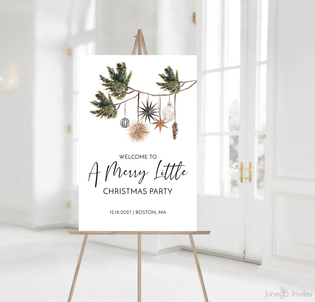 A Merry Little Christmas Party Welcome Sign With Ornaments and Greenery ...