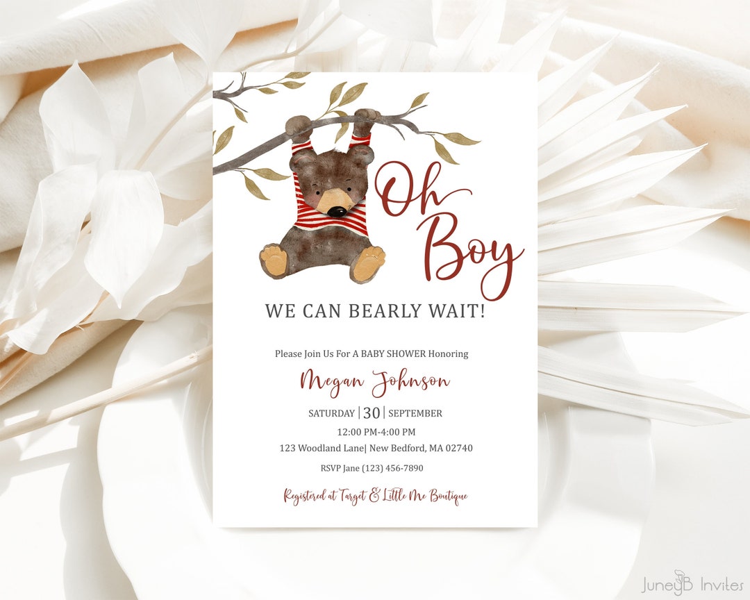 Oh Boy We Can Bearly Wait Baby Shower Invitation | Woodland Baby Shower ...