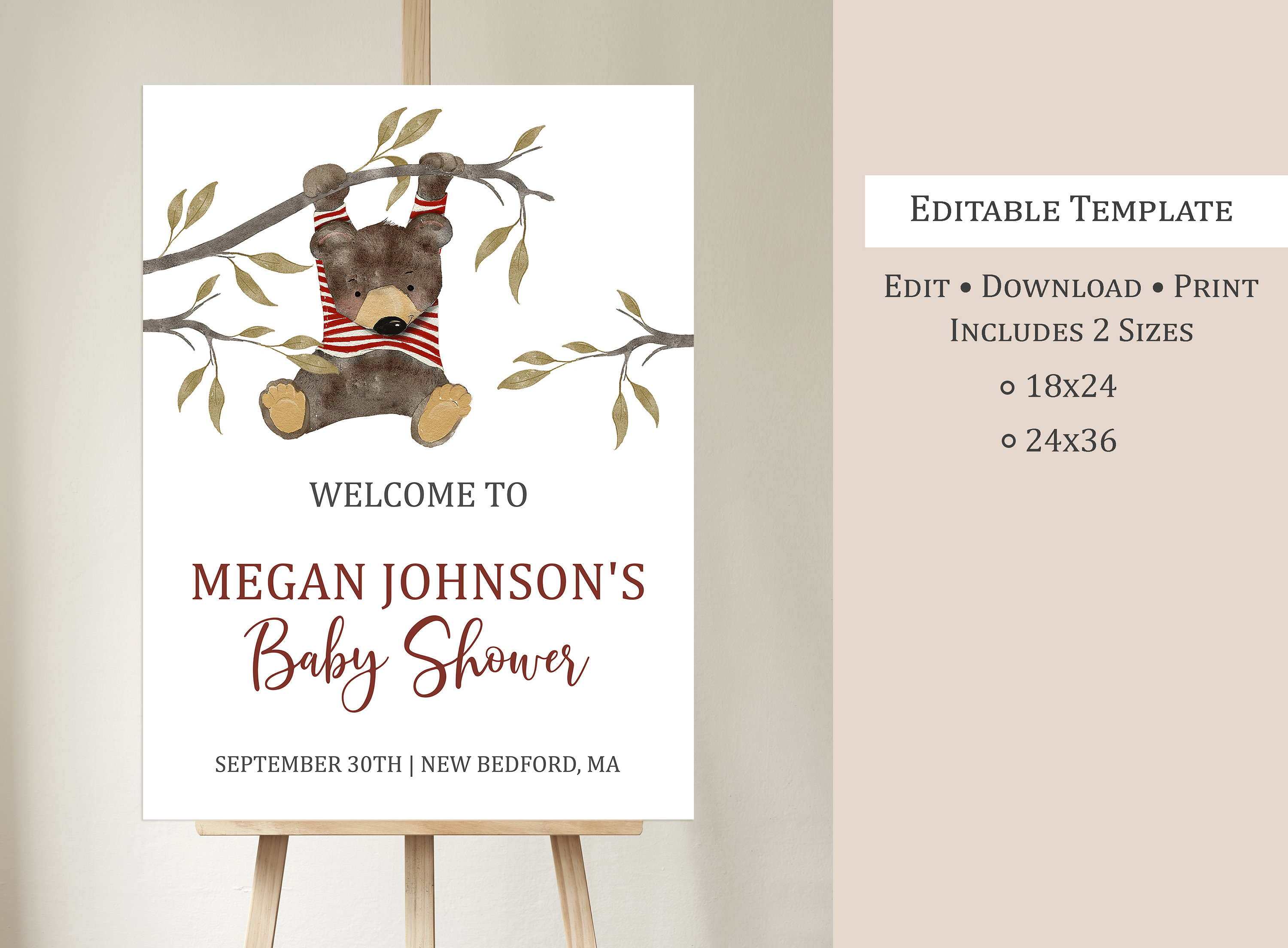 Watercolor Bear Baby Shower Welcome Sign | Woodland Theme (template) - Etsy