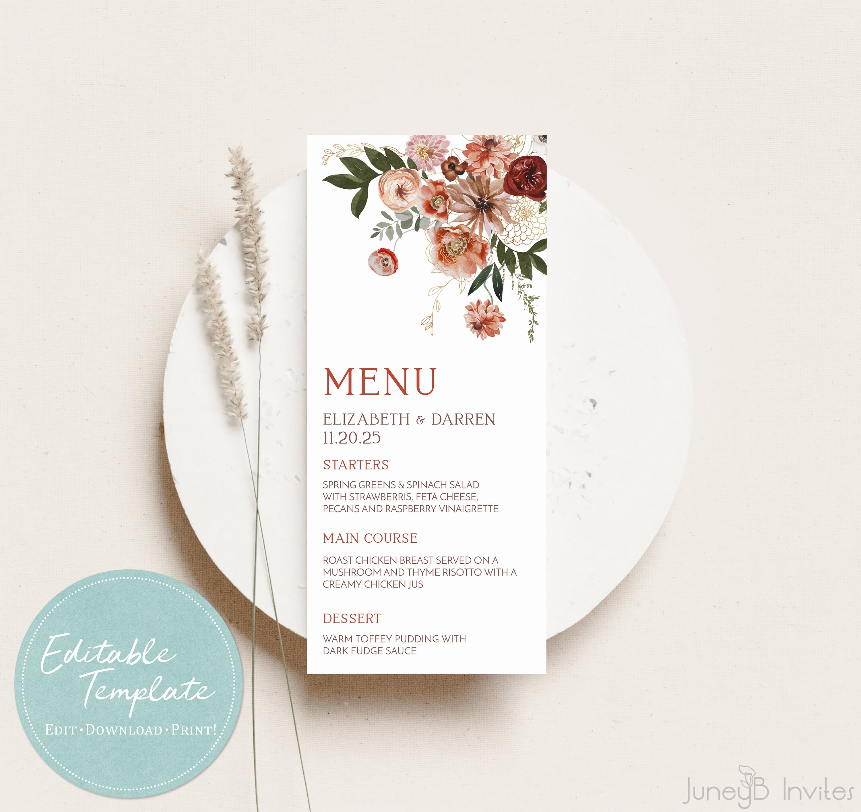 Fall Wedding Menu Template Fall Floral Wedding Dinner Menu - Etsy