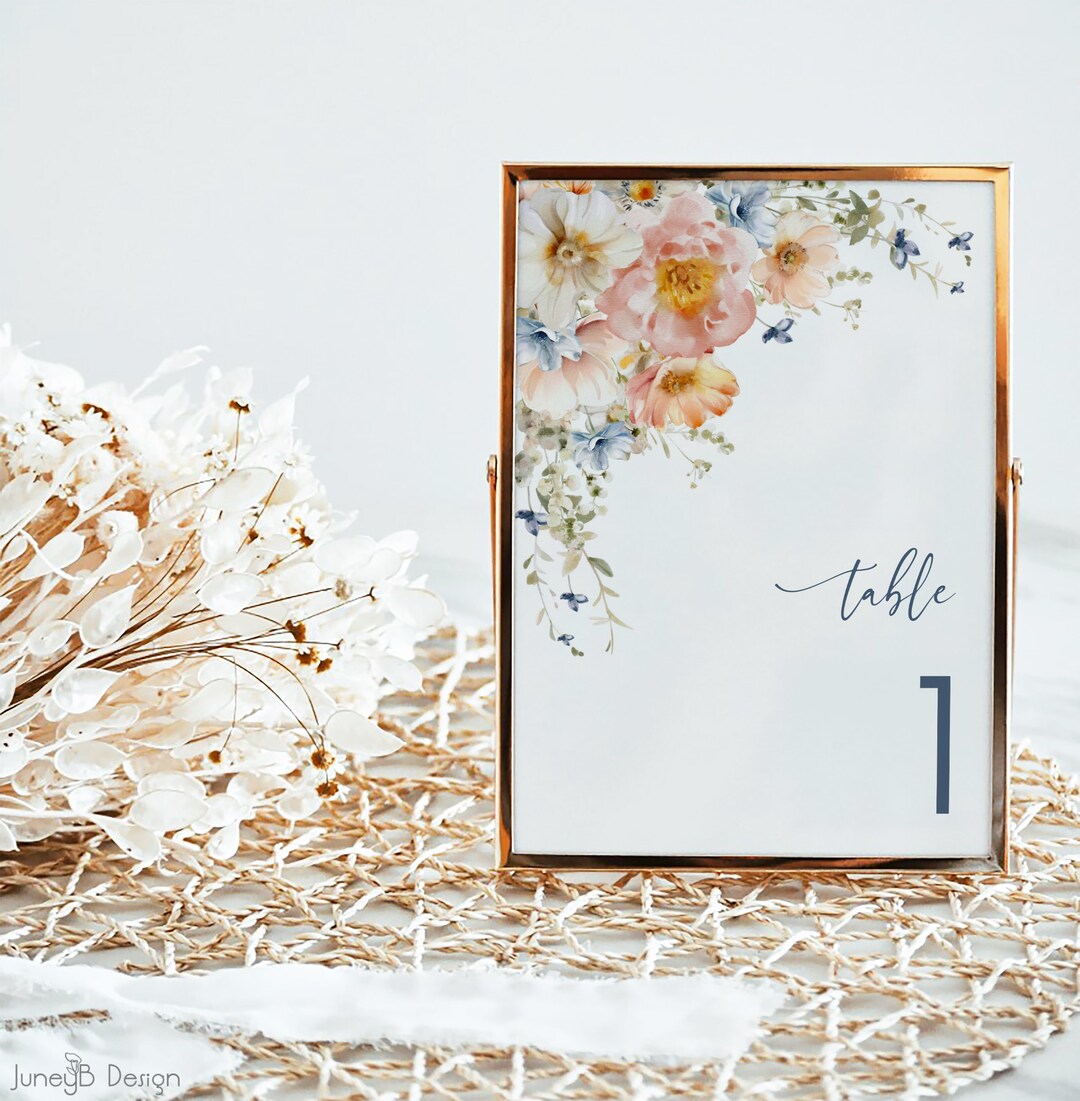 Floral Wedding Table Numbers: Peach & Navy Watercolor (digital Template ...