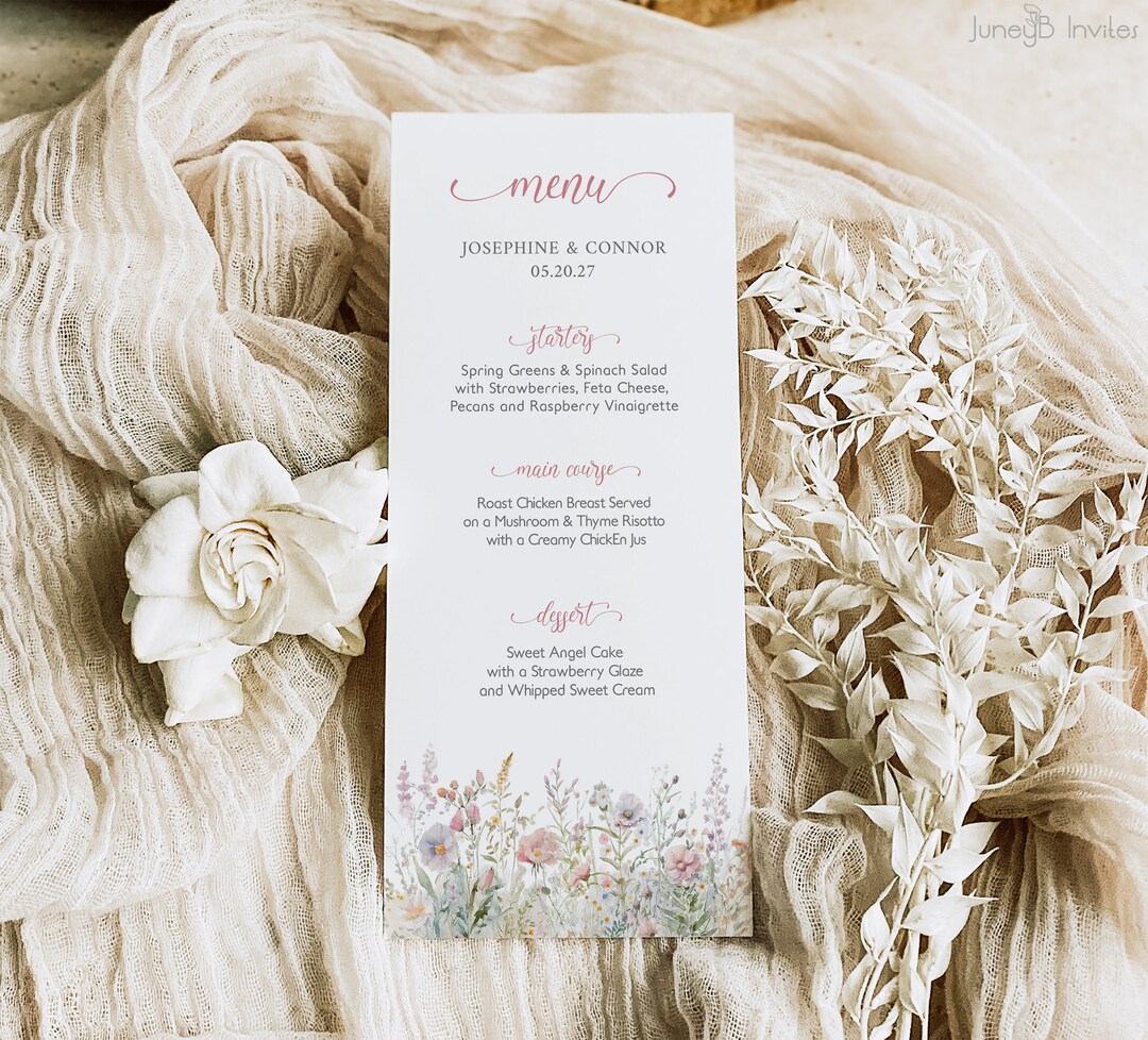 Garden Flowers Flowers Wedding Menu Card Template | Wildflower Menu ...