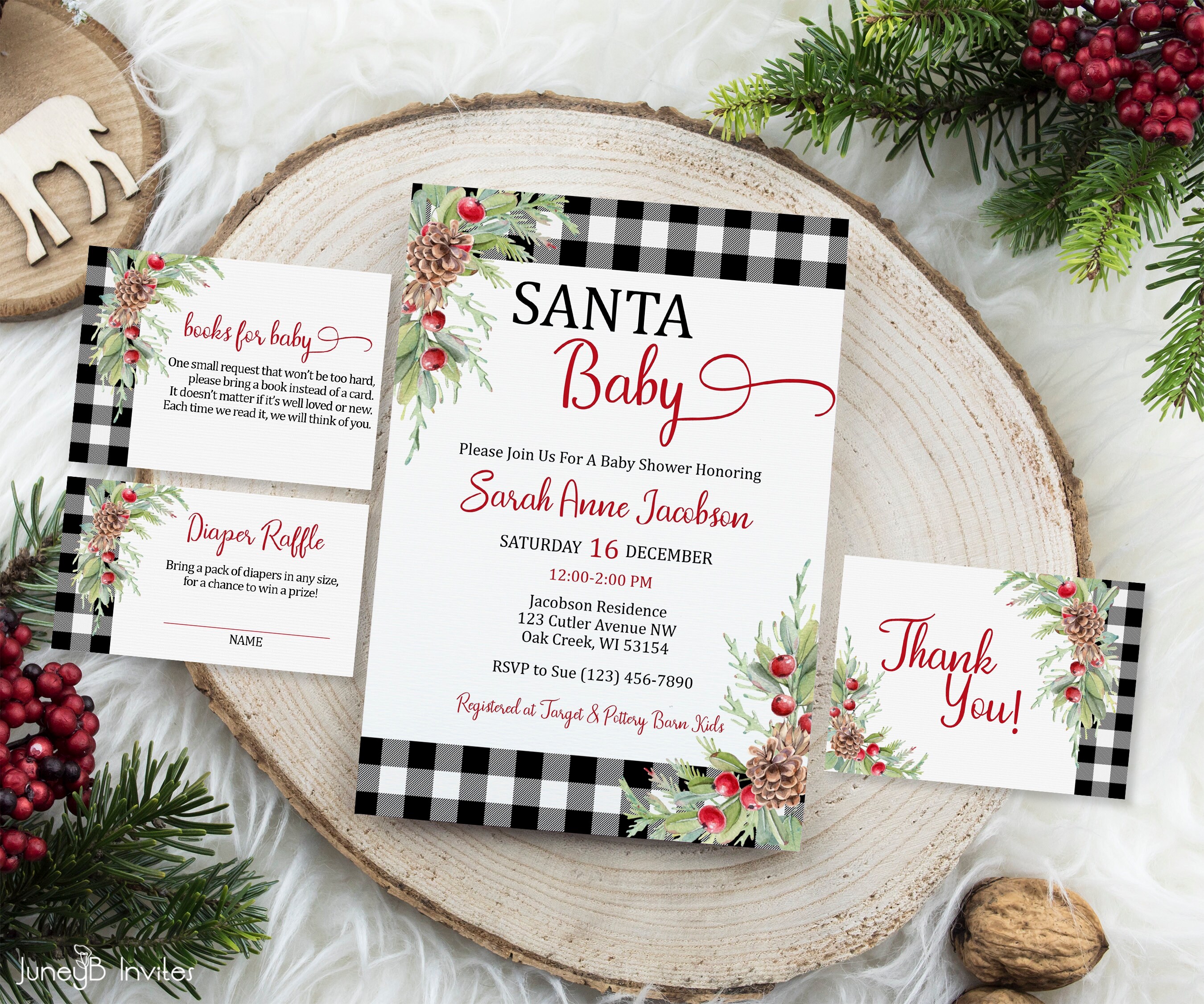 Santa Baby Shower Invitation, Black White Plaid, Christmas Greenery ...