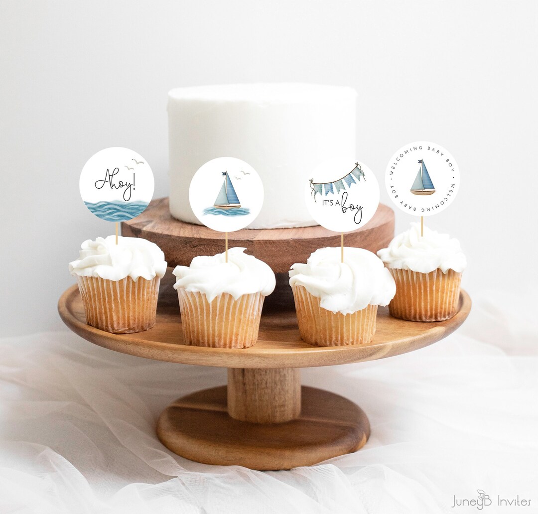 Nautical Baby Shower Cupcake Toppers: Sailboat Theme (editable Template ...