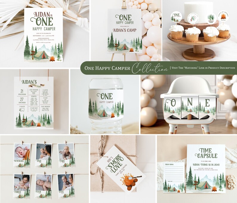 Camping Birthday Custom Sign Template | Watercolor Trees (digital ...
