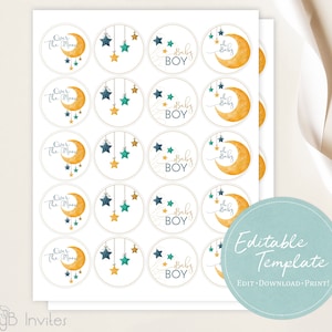 Over the Moon Baby Shower Cupcake Toppers, Watercolor Moon and Stars ...