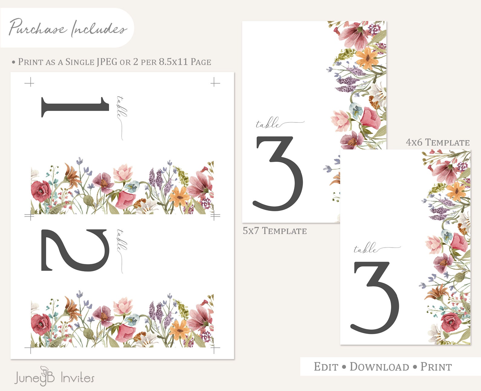 Wedding Table Numbers Floral Table Numbers Table Number Cards Printable ...