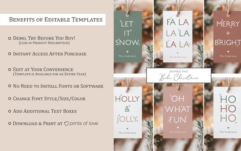 Boho Christmas Gift Tags | Printable Holiday Favor Tags (set of 9) - Etsy