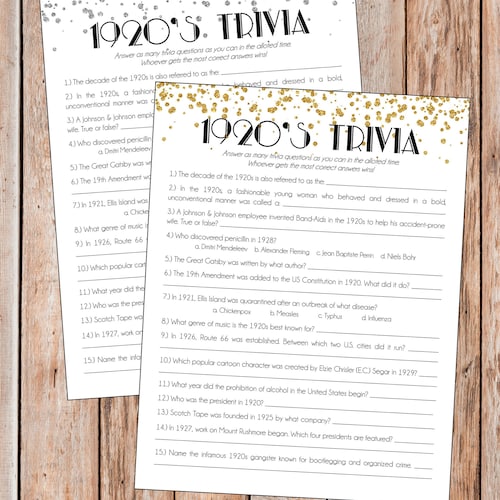 1920s Trivia Printable 1920's Gatsby Party Game Speakeasy - Etsy