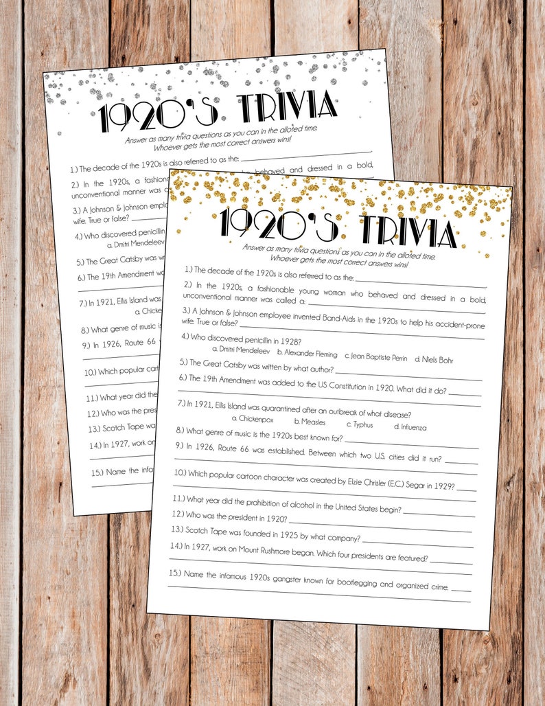 1920's Trivia | Great Gatsby Party | Roaring 20s Game (digital PDF) - Etsy