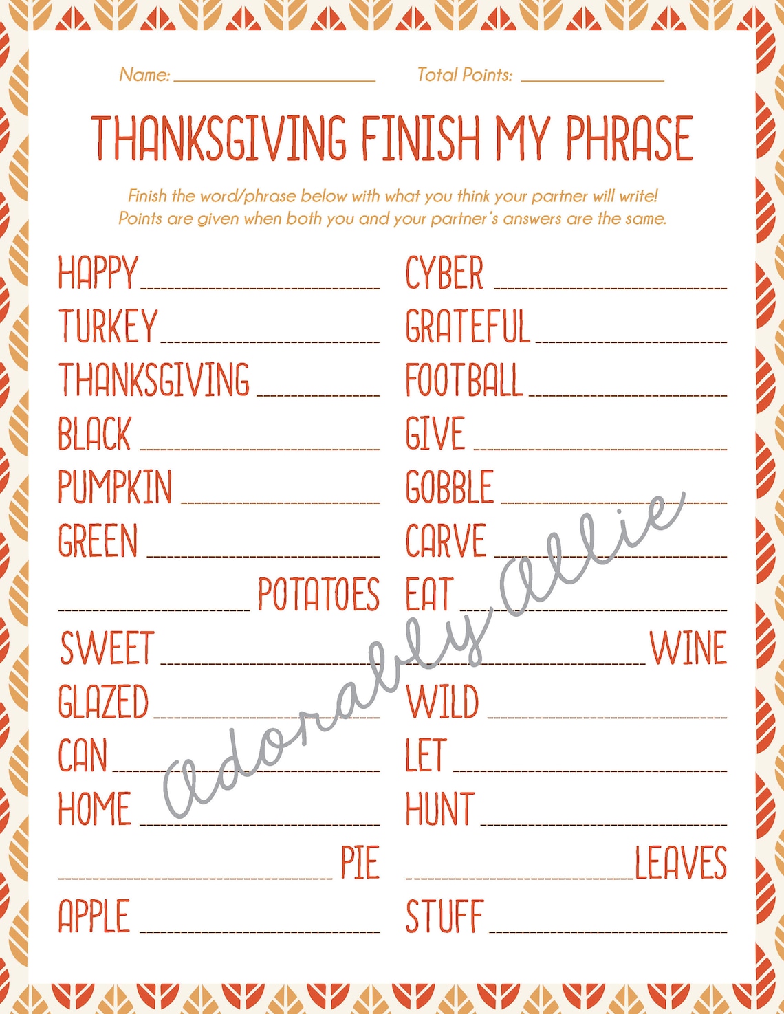 Thanksgiving Finish My Phrase Finish the Phrase - Etsy