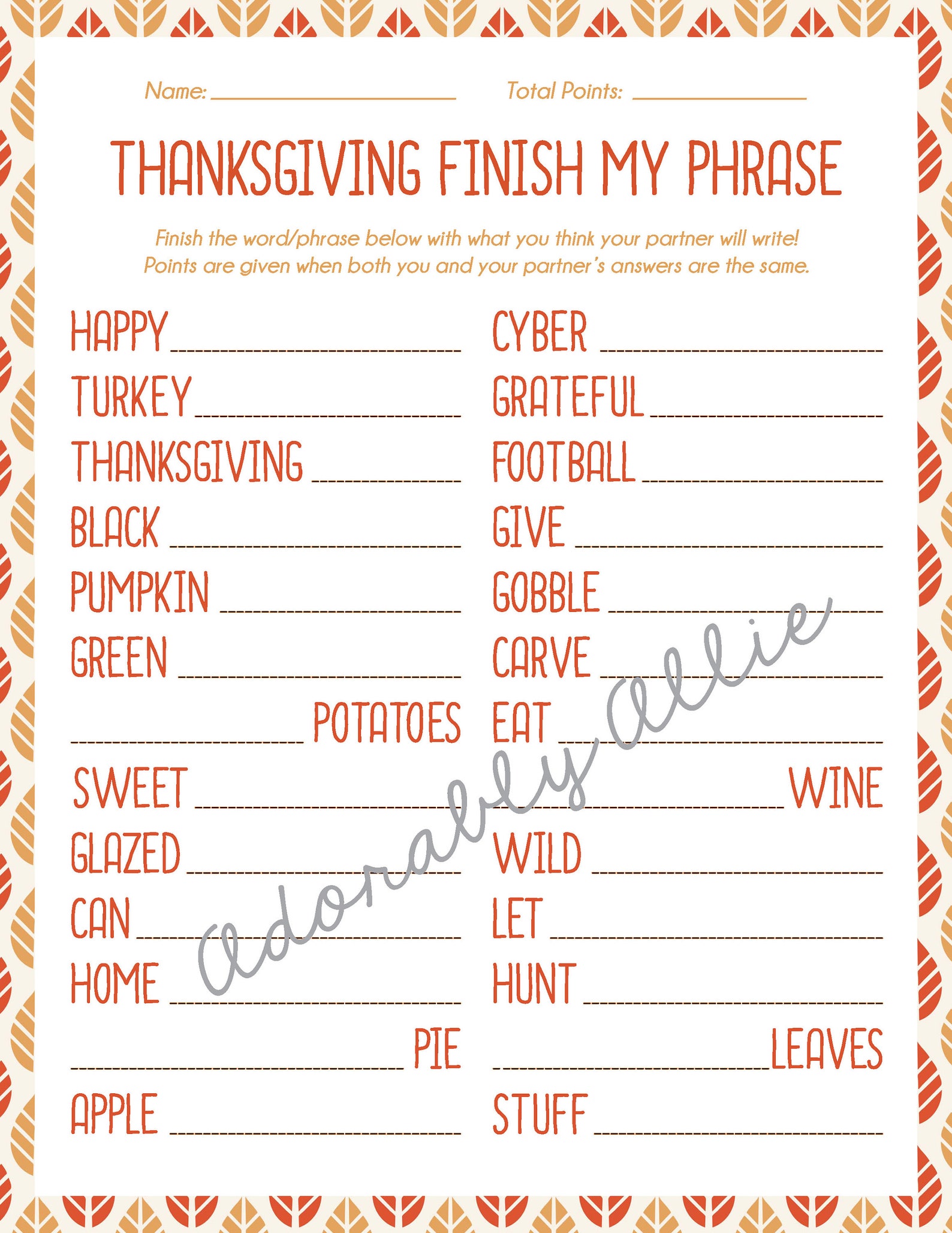 Thanksgiving Finish My Phrase Finish the Phrase - Etsy
