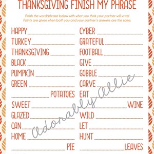Thanksgiving Finish My Phrase | Finish the Phrase | Thanksgiving ...