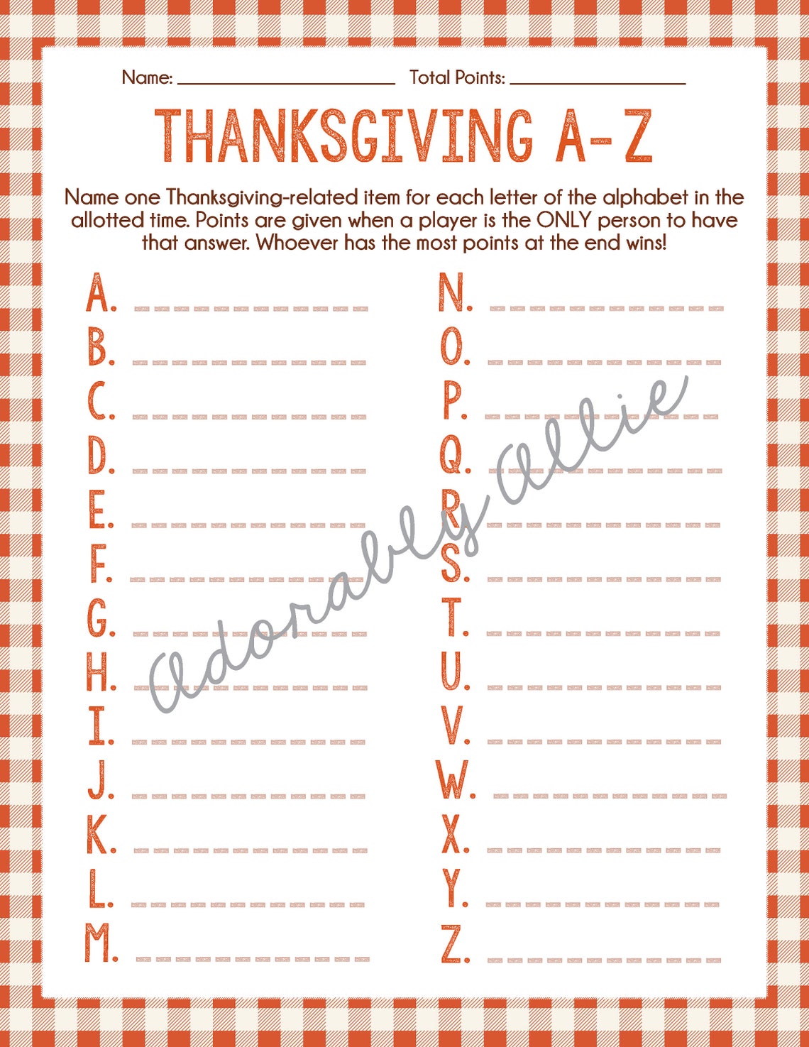 Thanksgiving A-Z | Fall Scattergories Printable Game (digital PDF) - Etsy