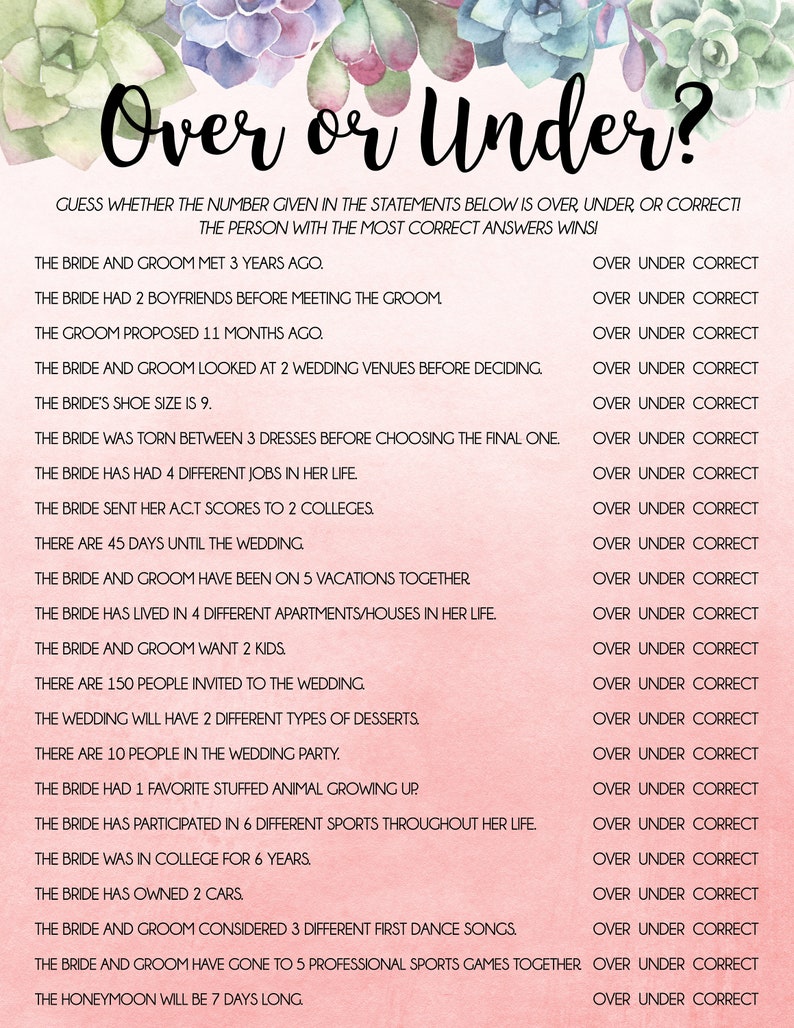 Over or Under Bridal Shower, Bachelorette Party Shower Game (digital ...