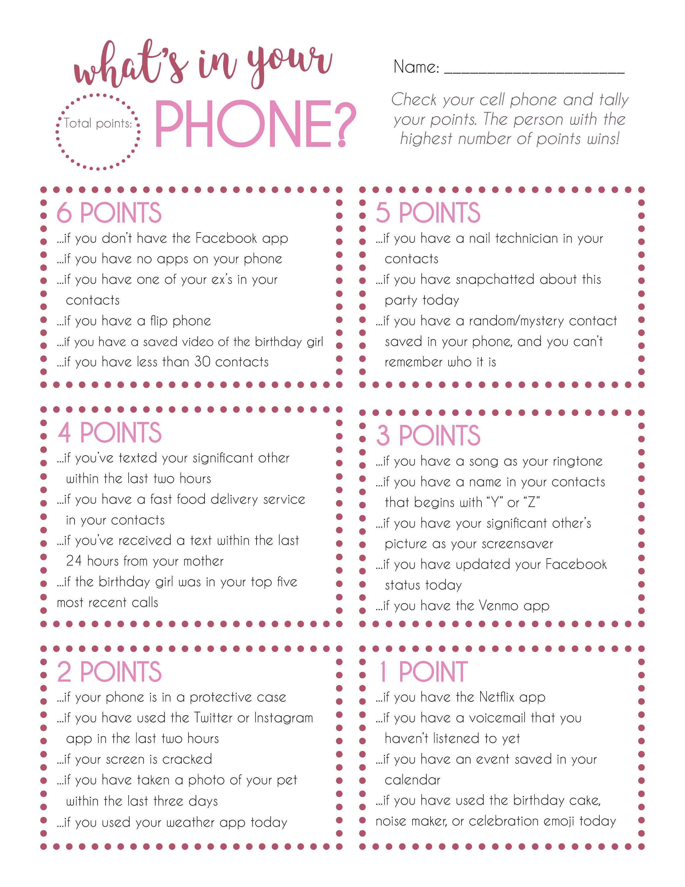 What's in Your Phone Game Birthday Games Phone Game What's in Your ...