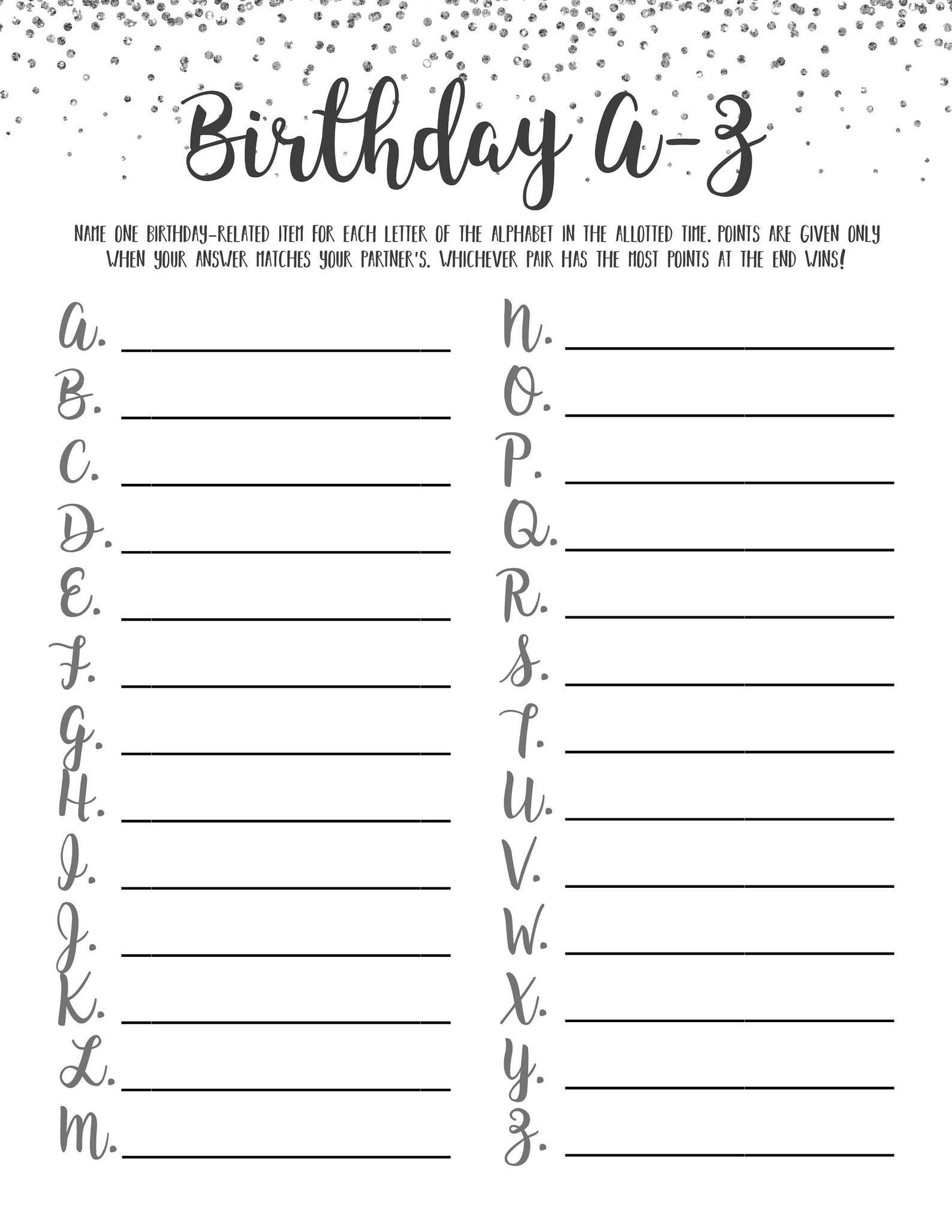 Birthday A-Z Birthday Scattergories Birthday Games | Etsy