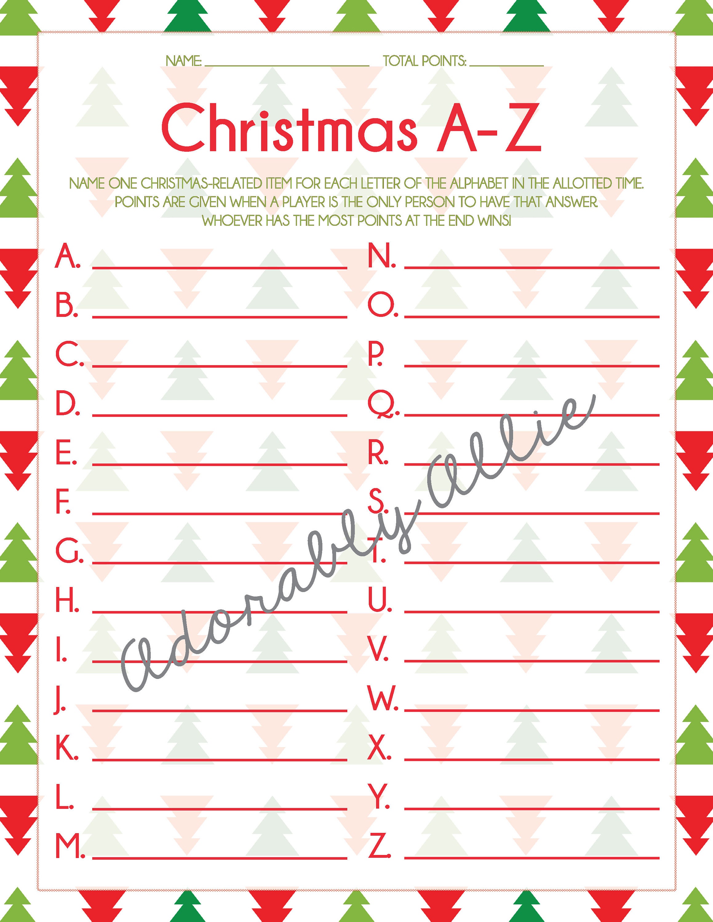 Christmas A-Z | Holiday Scattergories Printable Game (digital PDF) - Etsy