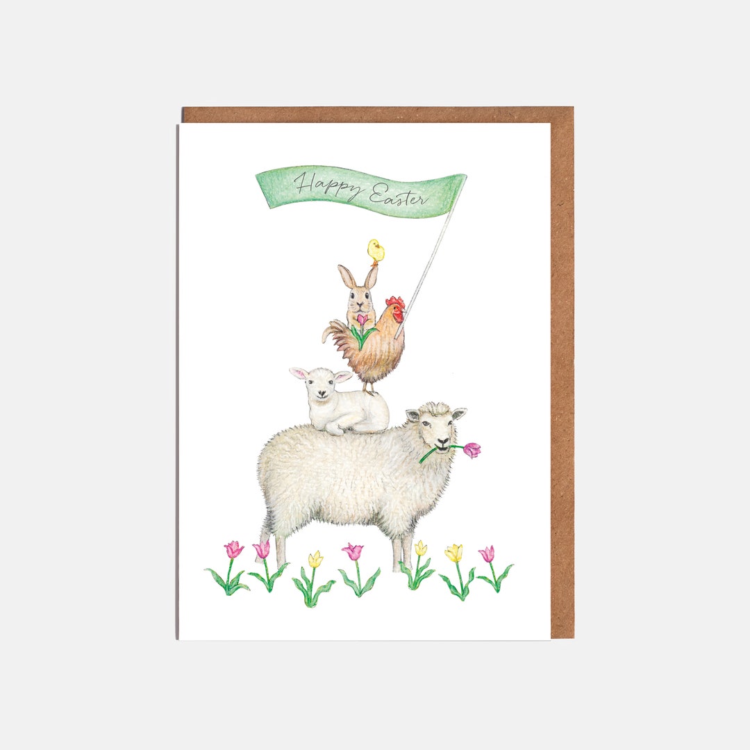 Animal Tower (sheep, Chicken, Lamb, Rabbit, Chick) Easter Card - 'happy ...