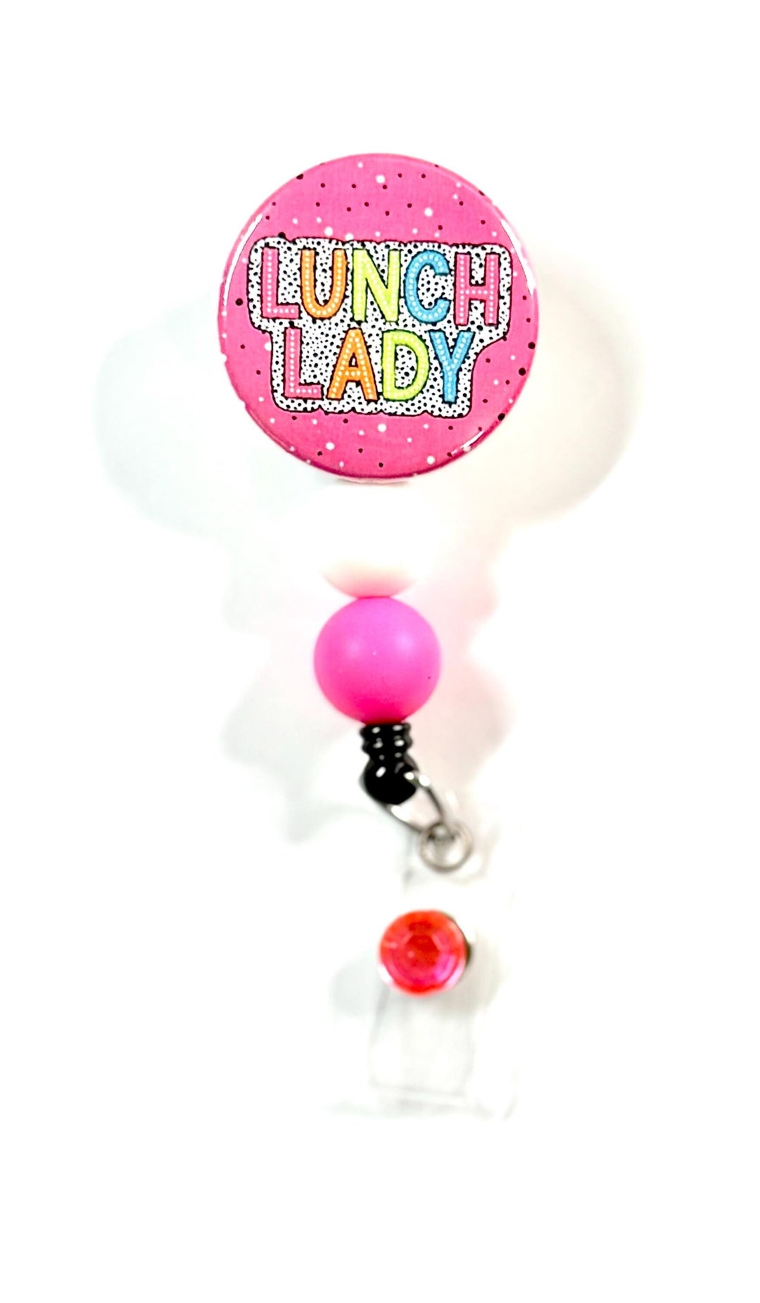 Lunch Lady Badge Reel: Rainbow Text, Pink Gemstone - 2 Color Choices - Etsy
