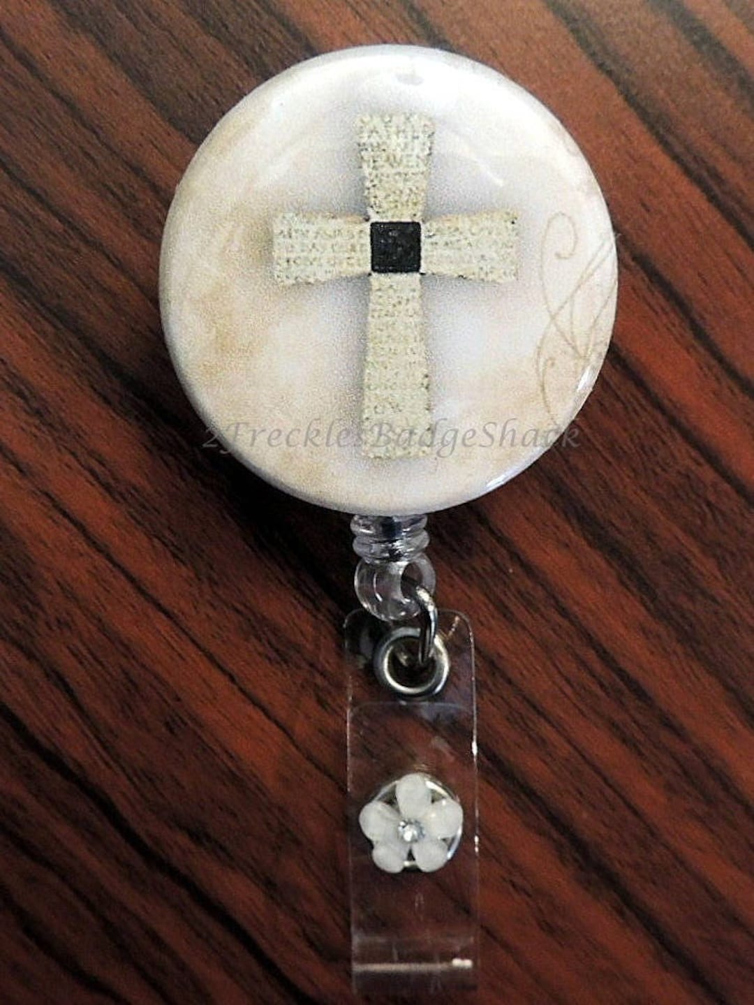 Christian Cross Badge Reel: Concrete, Floral Charm - Retractable ID ...