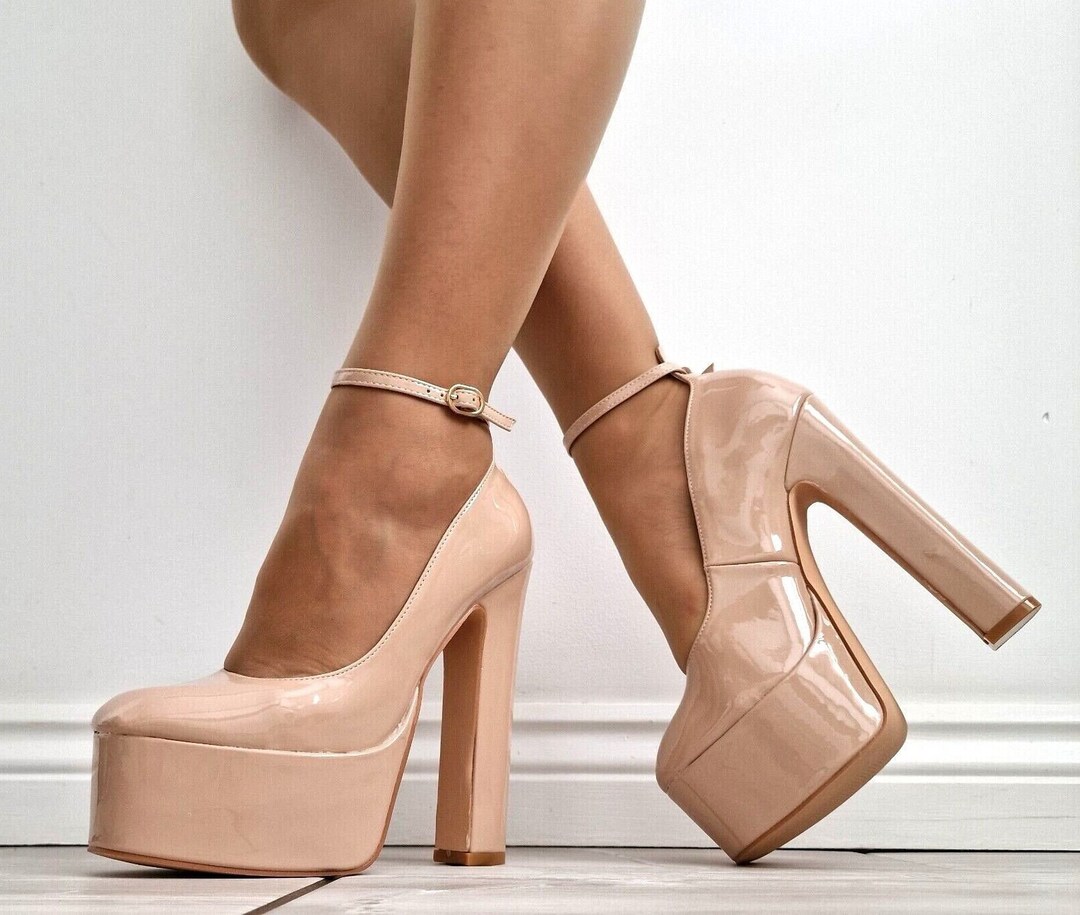 Womens Beige Court Shoes Ladies Platform Ankle Strap Buckle Fastening ...