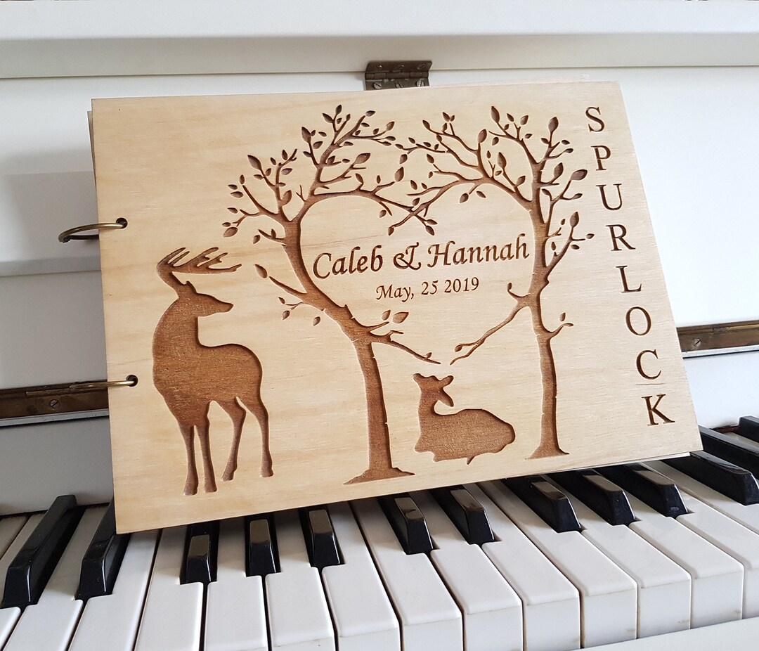 Tree Wedding Photo Book Wooden Engraved Guest Book Wedding Deer Wedding ...