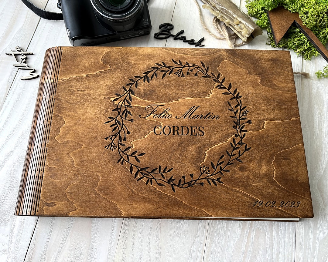 Personalized Wooden Wedding Guest Book: Engraved Photo Album Scrapbook ...