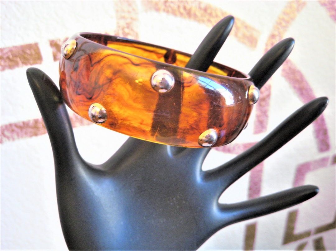 Vintage Wide Bangle Bracelet With Brass Studs, Translucent Root Beer/tortoise Shell Swirls Color ...