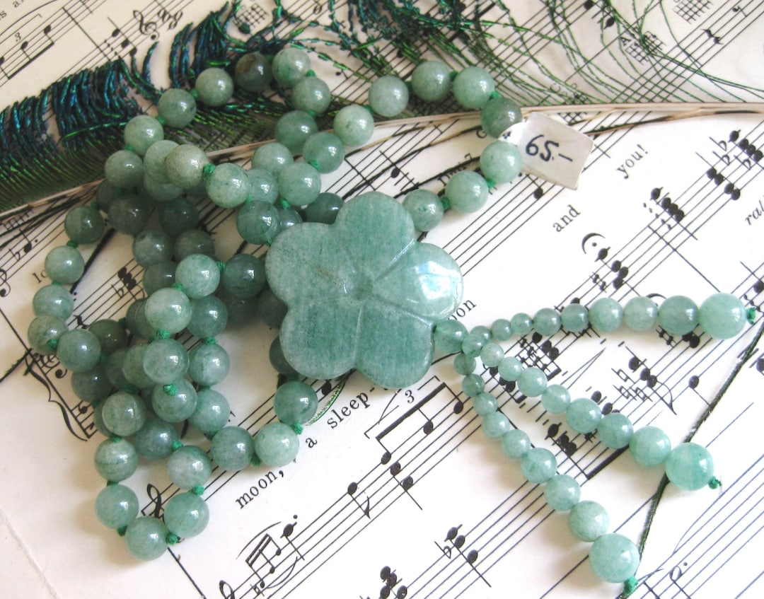 Vintage Jade Necklace, Carved Jade Flower Dangle Pendant, Long Bead ...