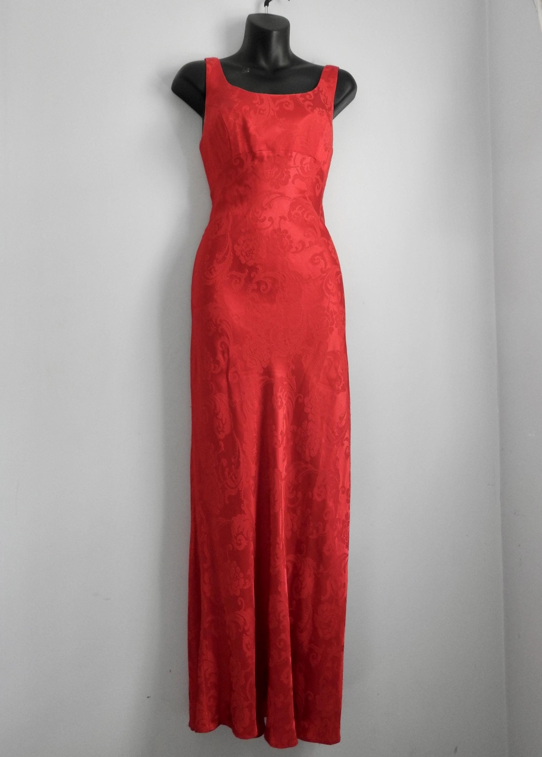Vintage 1990s Deep Red Brocade Lattice Back Bias Cut Evening Gown ...