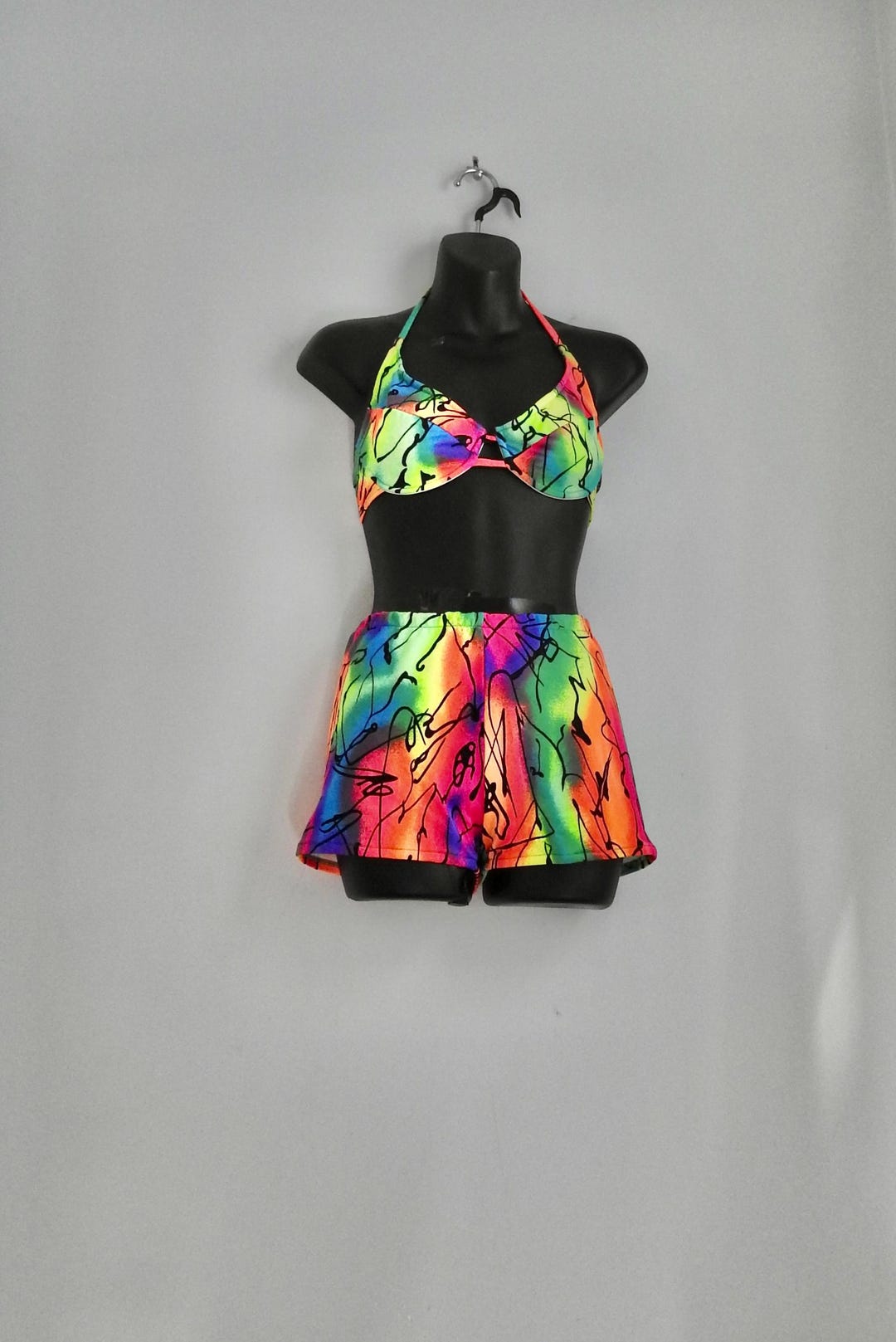 Vintage 1990s Neon 2 Piece Swim Set Shorts and Underwire Bra Size M ...